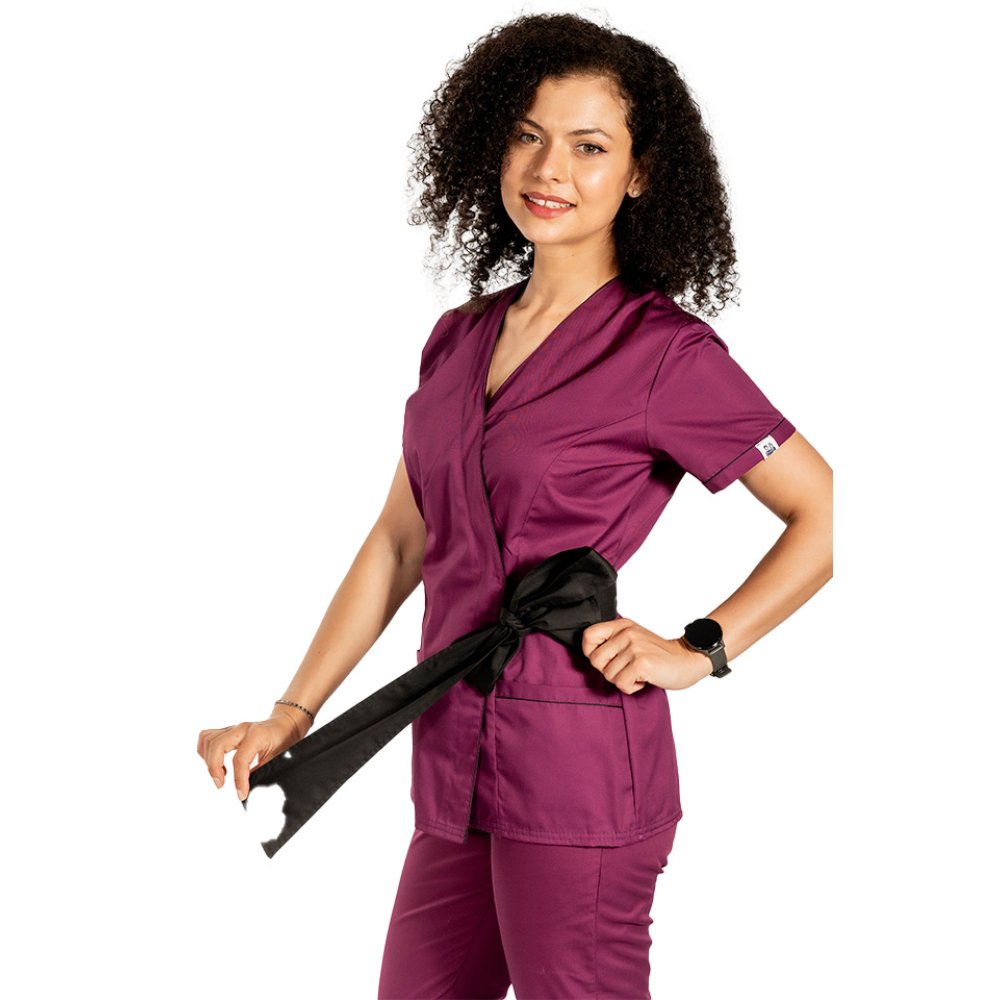 Halat medical kimono visina cu paspol negru si cordon cu legare tip ...