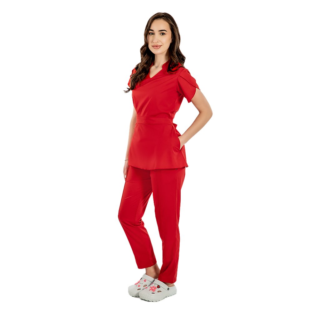 Costum medical stretch Alina, culoare rosu, bluza cu cordon si ...