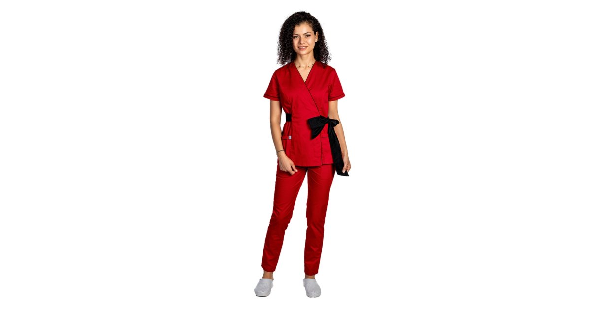 Costum medical kimono rosu cu paspol negru si cordon cu legare tip ...