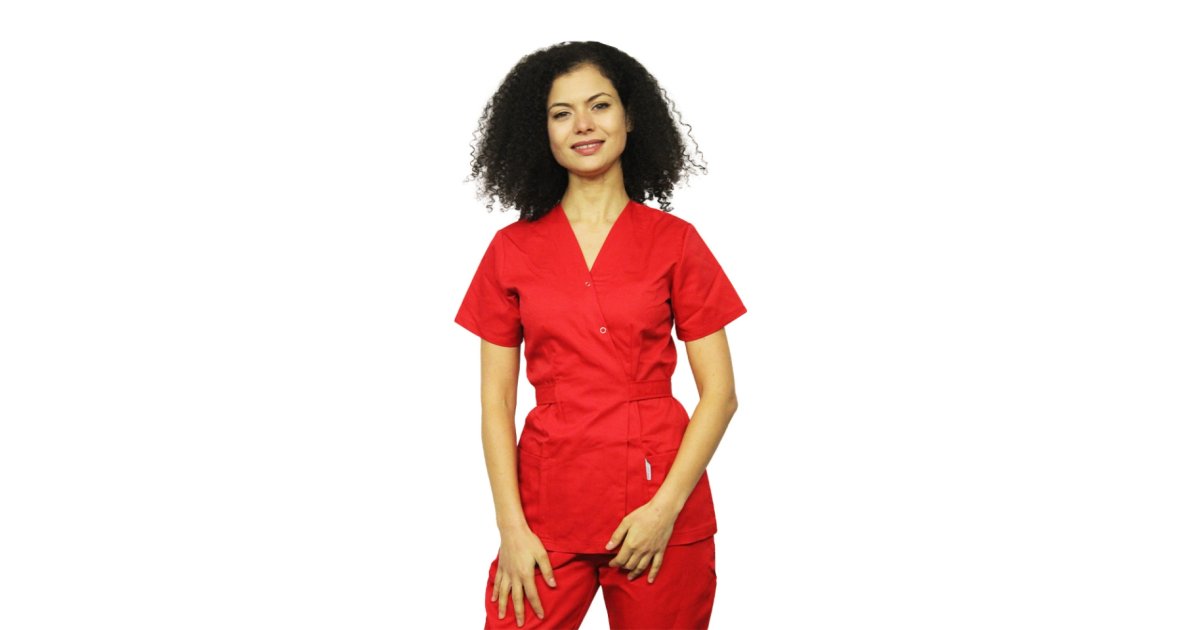 Halat medical kimono rosu cu doua buzunare aplicate ⭐ la cel mai bun pret.
